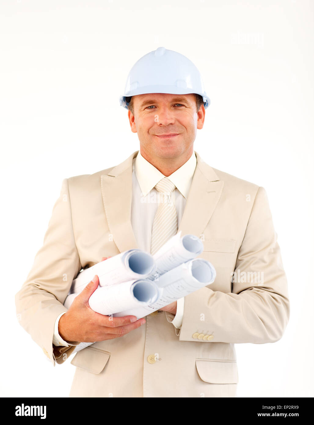 Friendly engineer with blueprints Stock Photo - Alamy