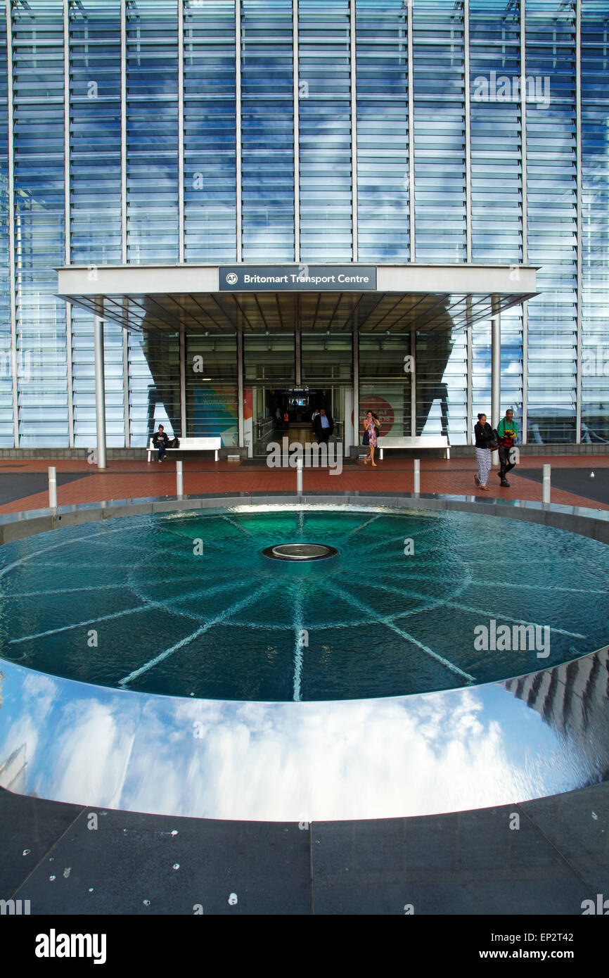 Glass facade of Britomart Transport Centre, and water feature, Auckland ...
