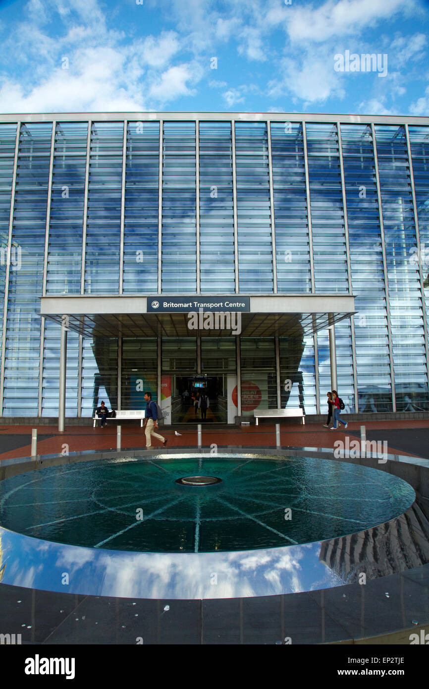 Glass facade of Britomart Transport Centre, and water feature, Auckland ...