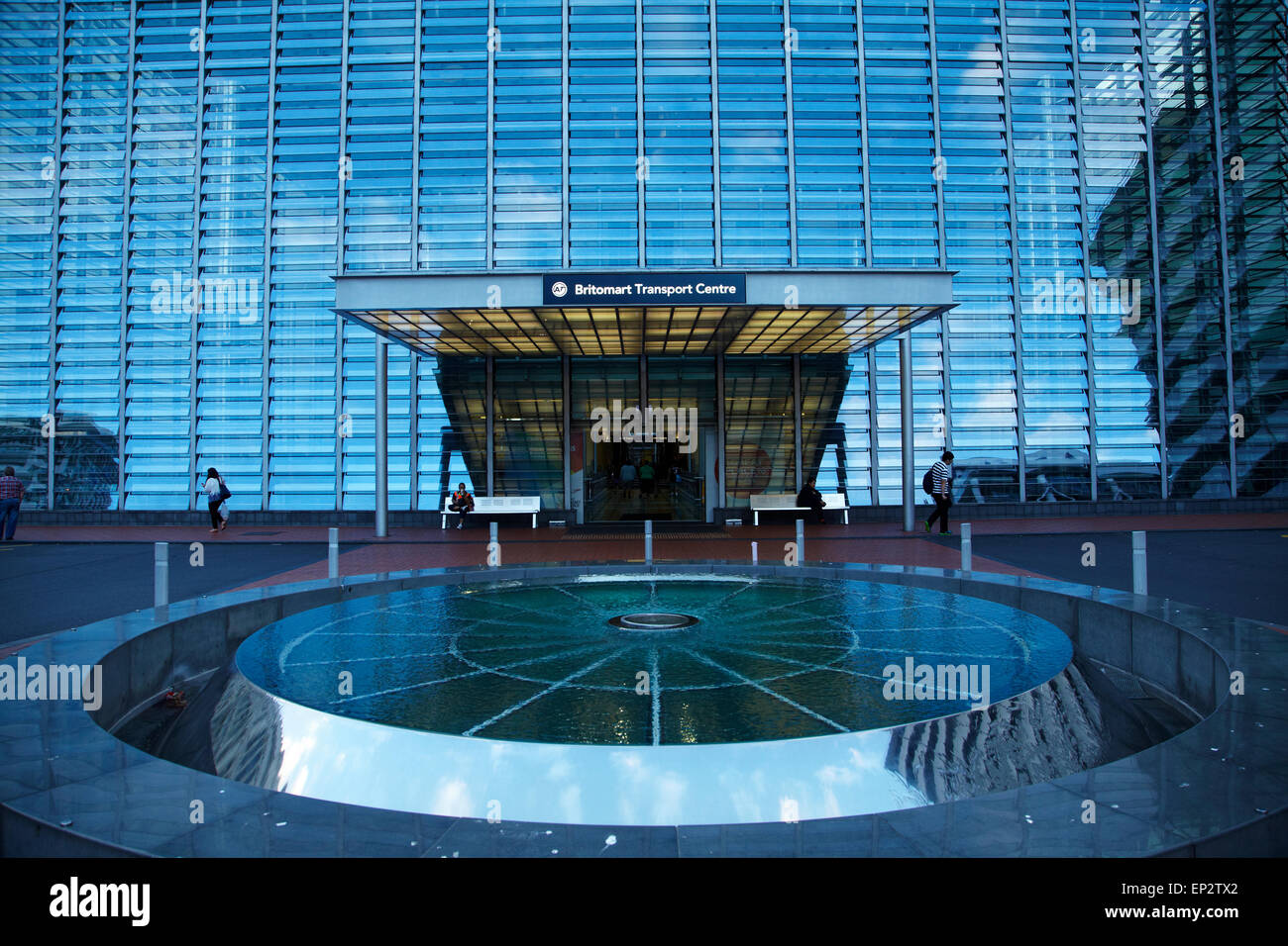 Glass facade of Britomart Transport Centre, and water feature, Auckland ...