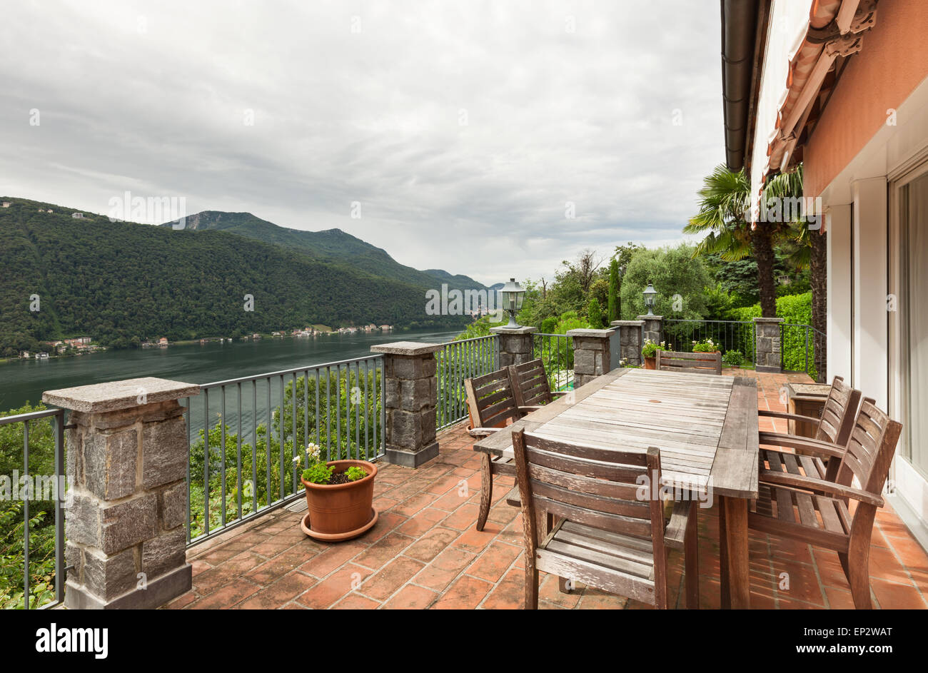 Nice house, outdoor, lake view from the balcony Stock Photo - Alamy