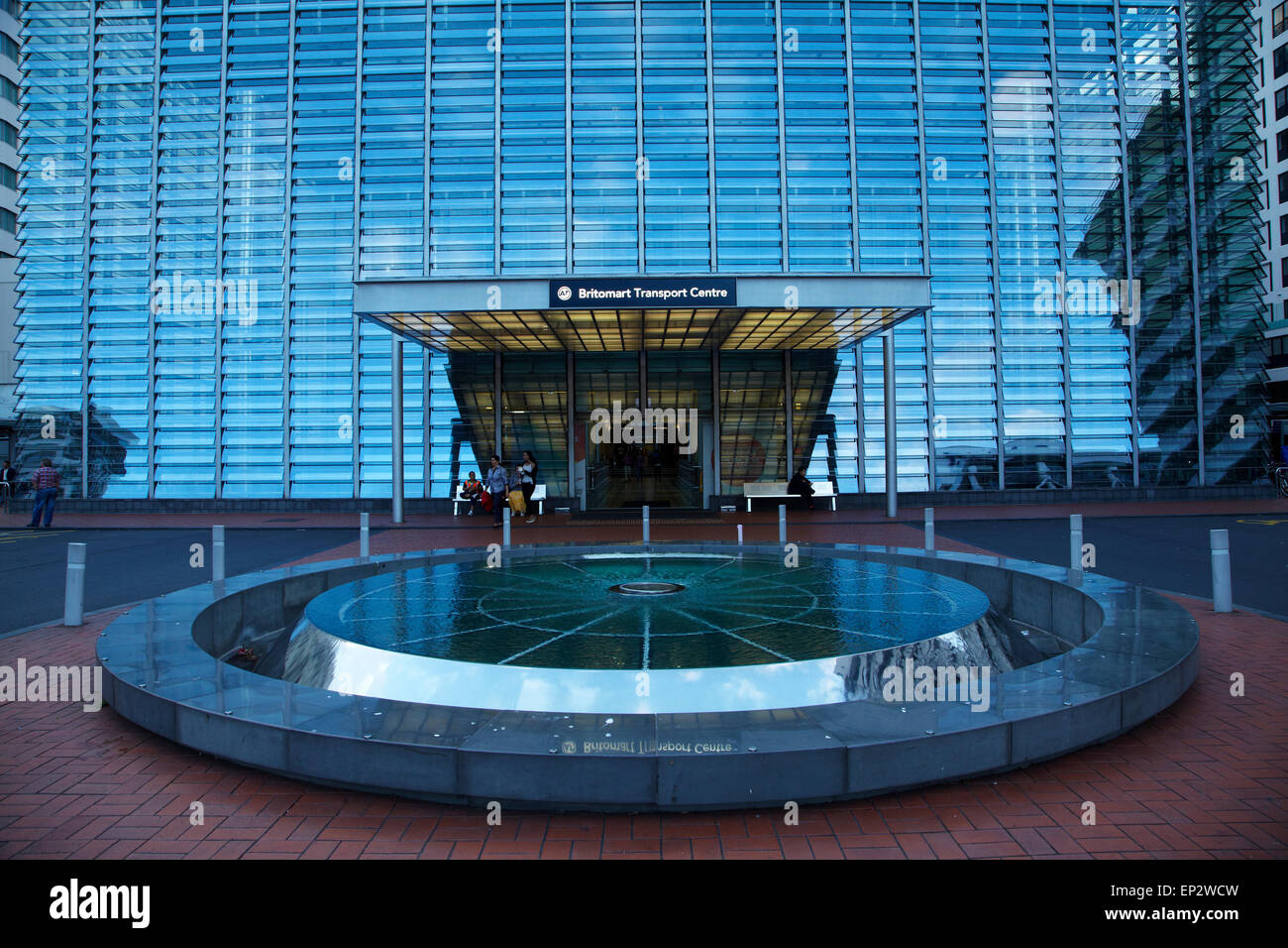 Glass facade of Britomart Transport Centre, and water feature, Auckland ...