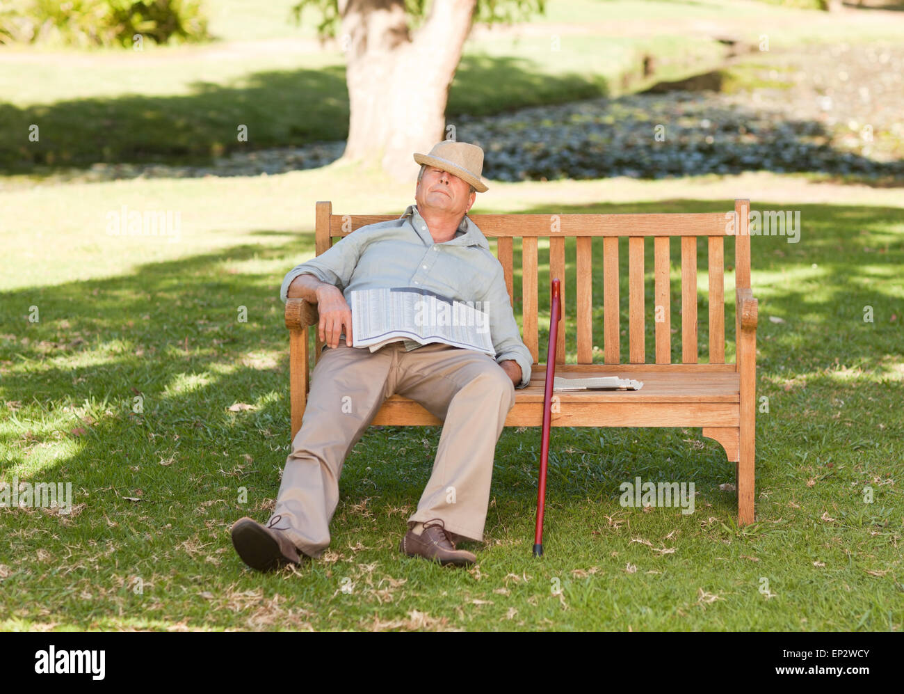 Senior man sleeping on the bench Stock Photo - Alamy