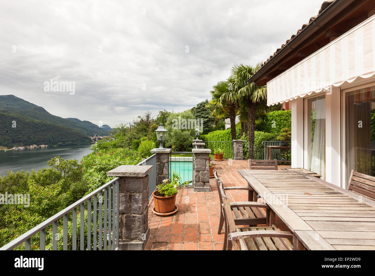 Nice house, outdoor, lake view from the balcony Stock Photo - Alamy