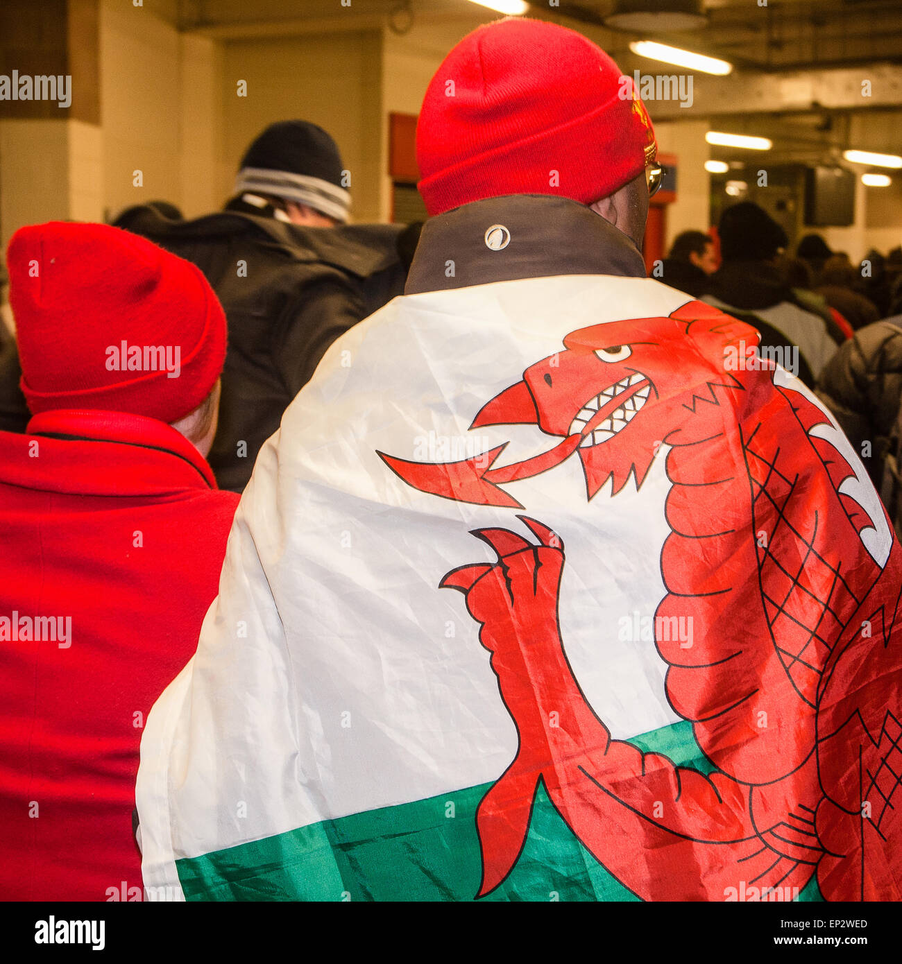 Wales fans, including one with the Welsh flag,The Red Dragon, at rugby ...