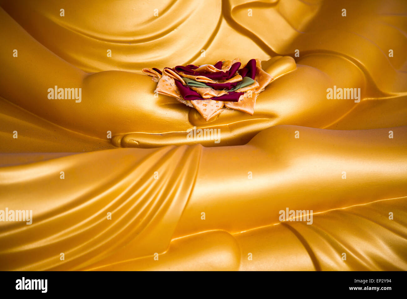 Detail of Buddha statue with offering in palm of hands, Gangaramaya ...