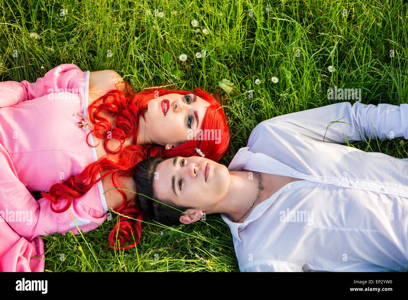 Romantic Fairy Tale Couple Sitting in Garden among Flowers in Peaceful ...