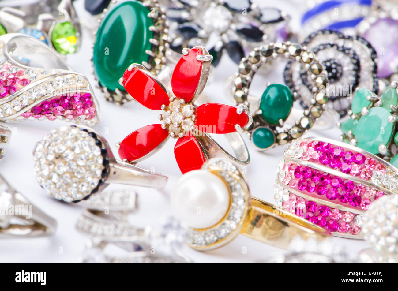Collection of jewellery rings on white Stock Photo - Alamy