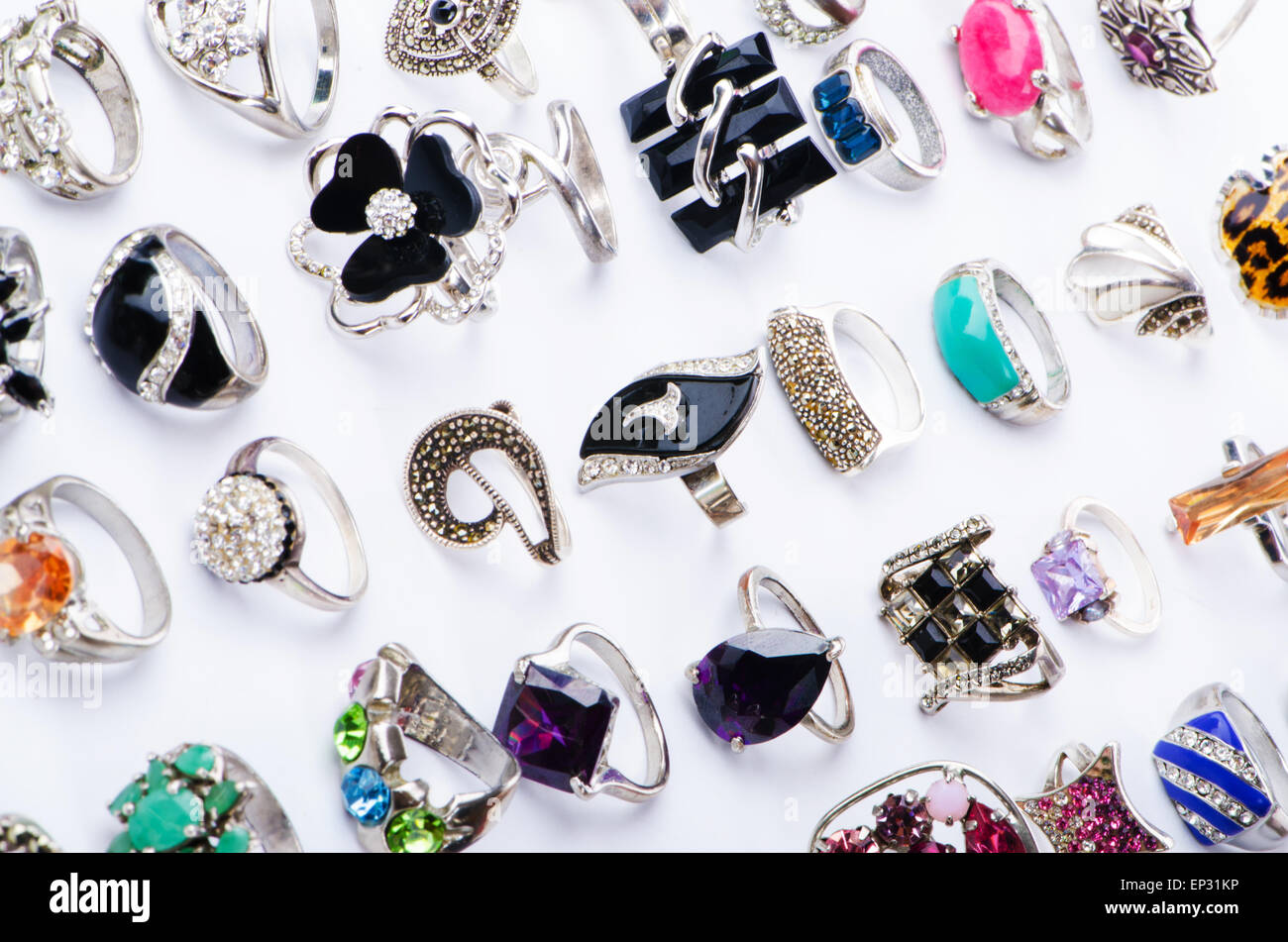 Collection of jewellery rings on white Stock Photo - Alamy