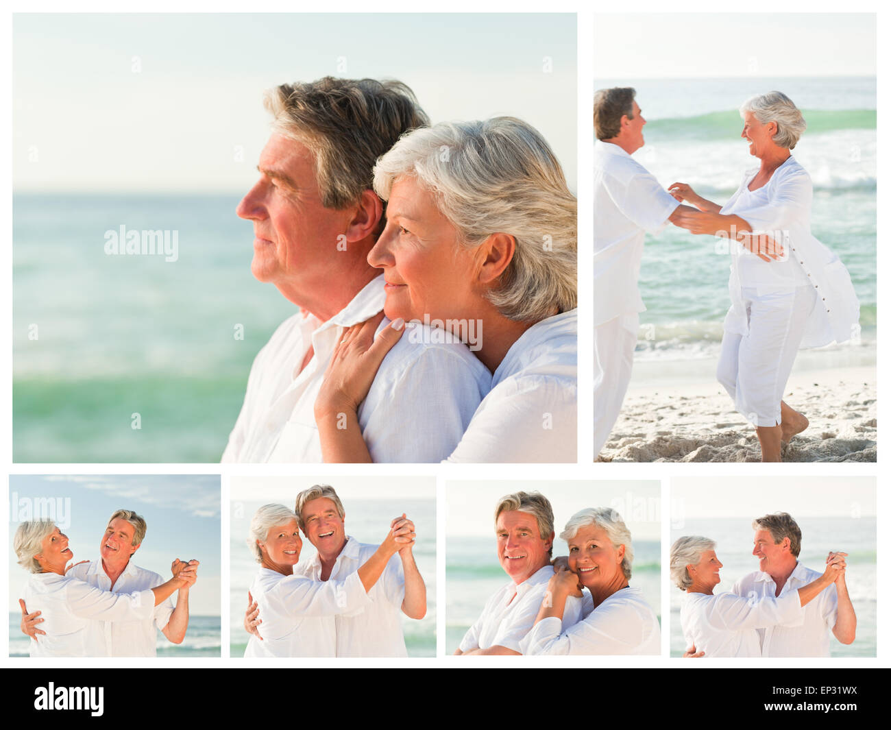 Collage of an elderly couple sharing good moments together on a beach ...