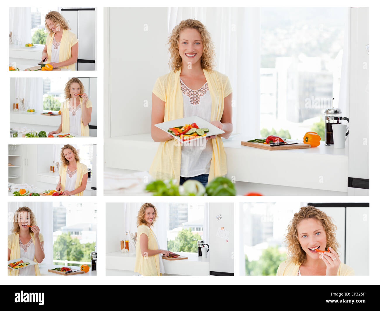 Collage of a beautiful woman cooking and eating some vegetables at home ...