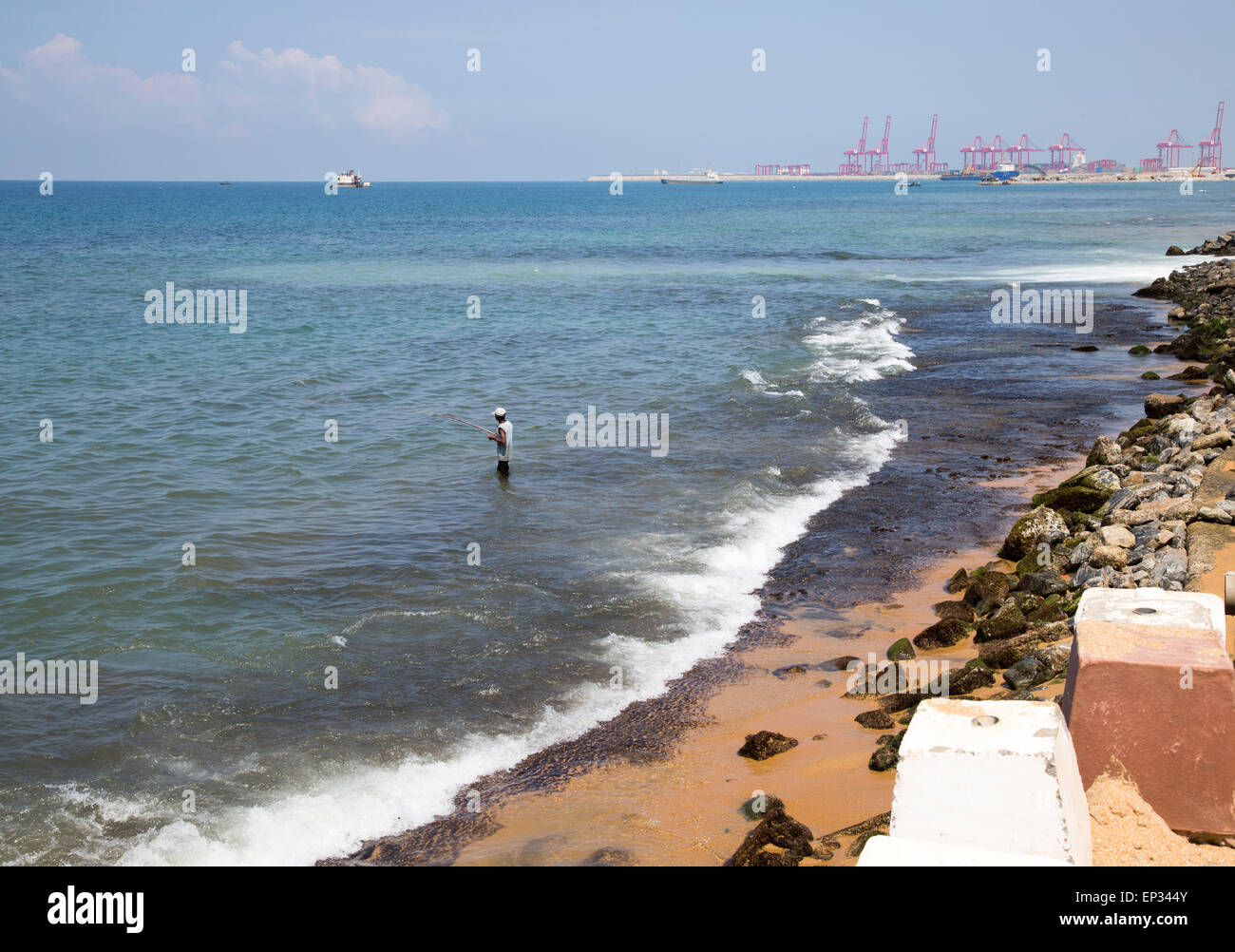 Man fishing in the sea near the Galle Face hotel, Colombo, Sri Lanka ...