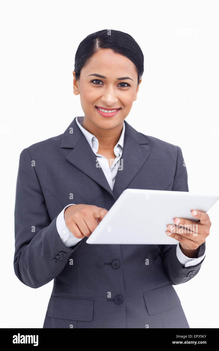 Close up of saleswoman using touch screen computer Stock Photo - Alamy