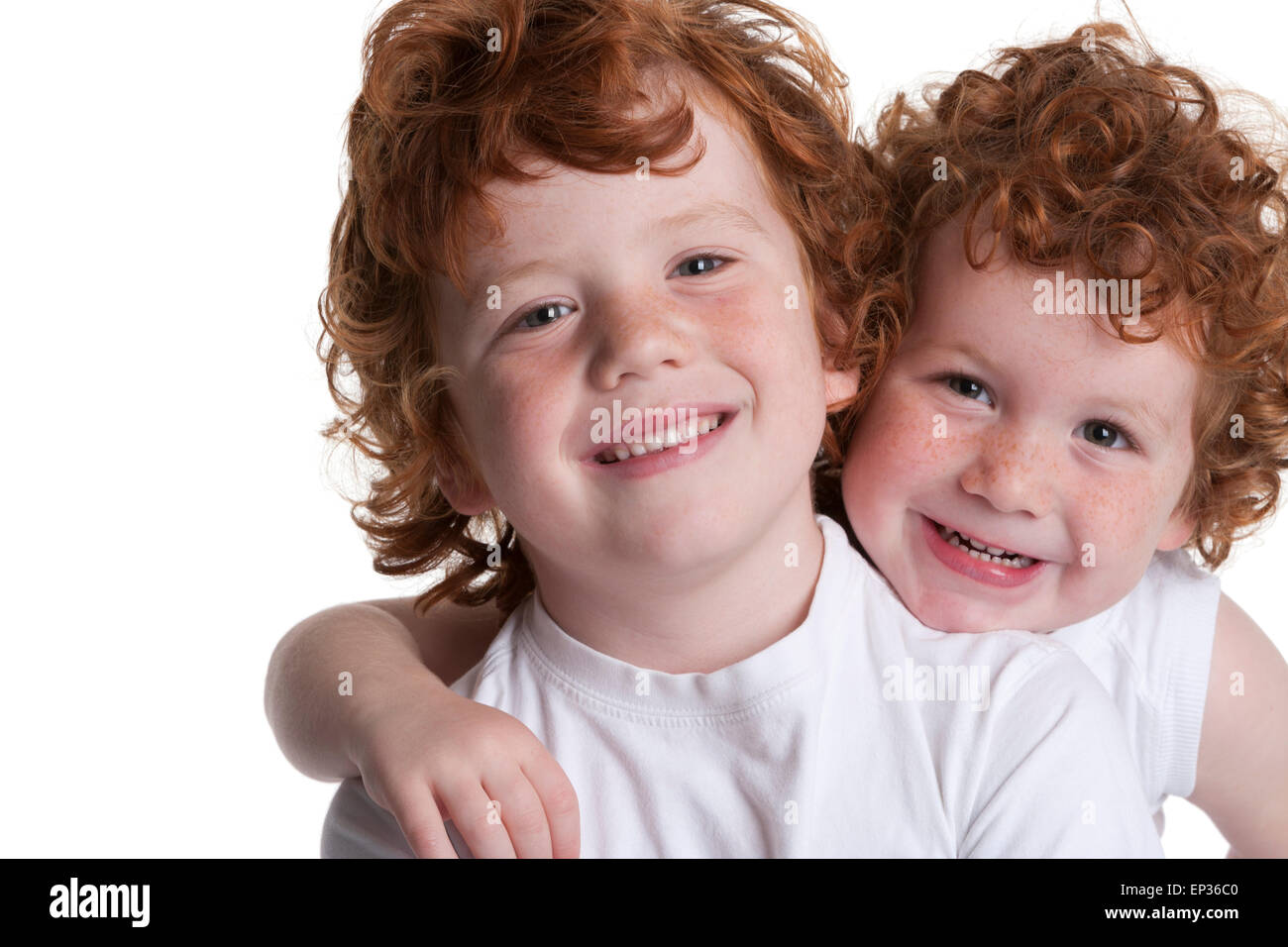 Portrait of two red haired brothers on white background with space for ...