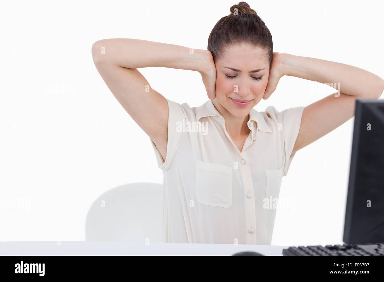 Exhausted businesswoman having a headache while using a computer Stock ...