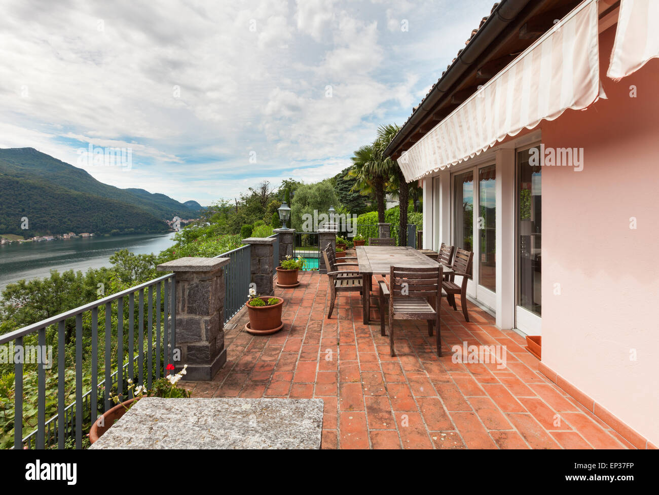 Nice house, outdoor, lake view from the balcony Stock Photo - Alamy
