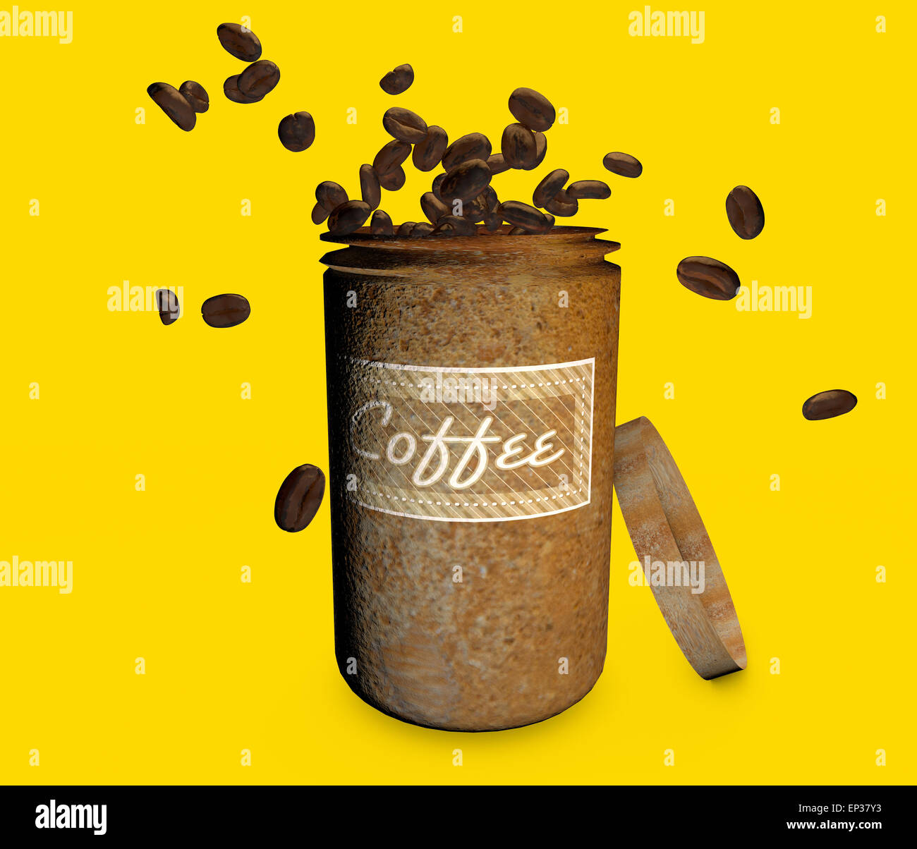 Tin container with coffee beans on yellow background Stock Photo - Alamy