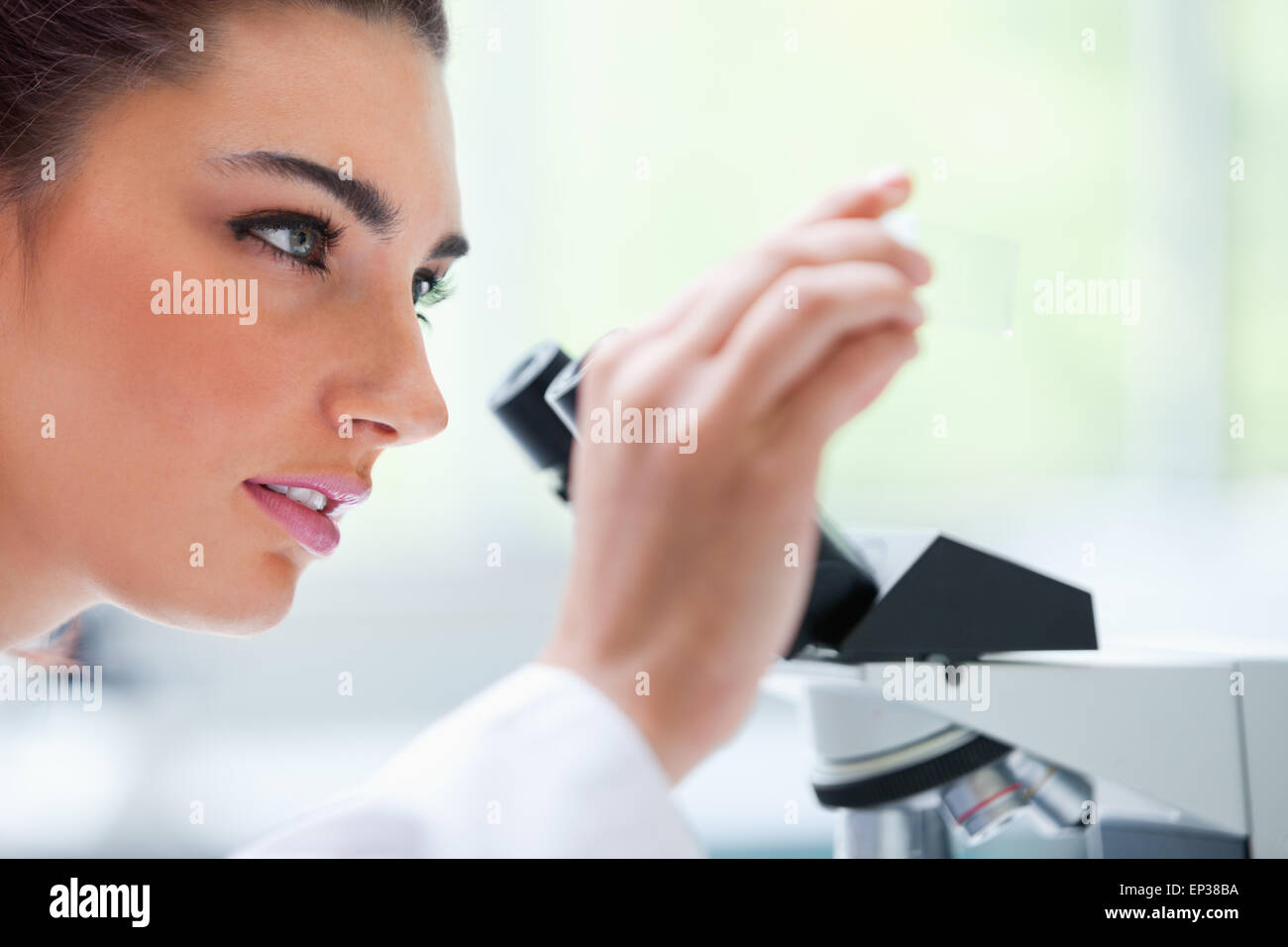 Young woman looking at a microscope slide Stock Photo - Alamy