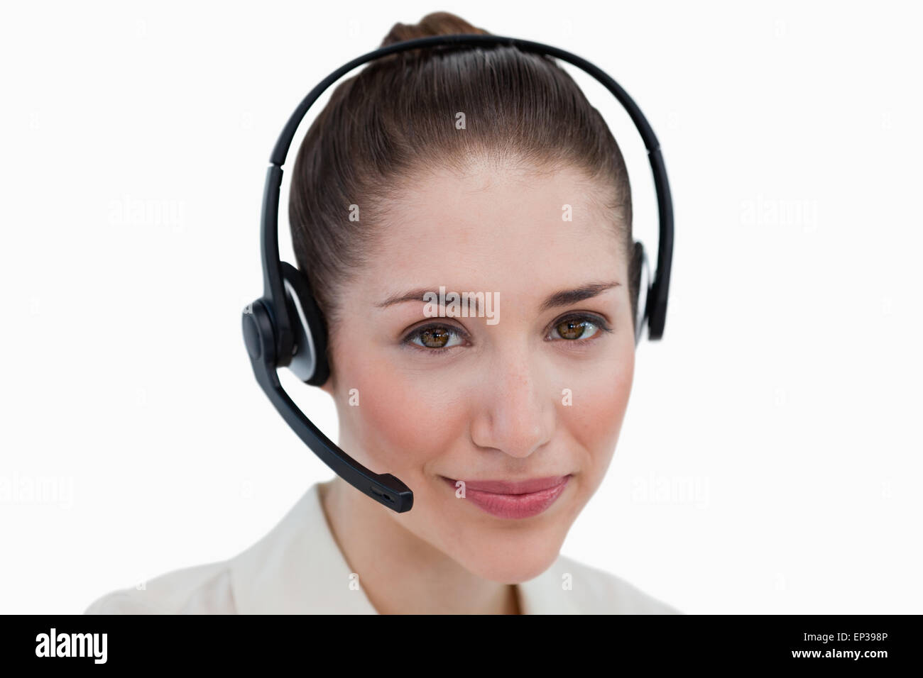 Close up of an operator posing with a headset Stock Photo - Alamy
