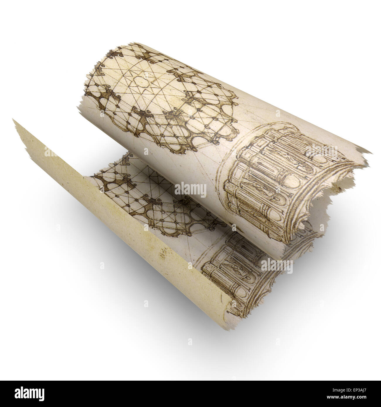 Vintage rolled sheet of paper with blueprint isolated on white ...