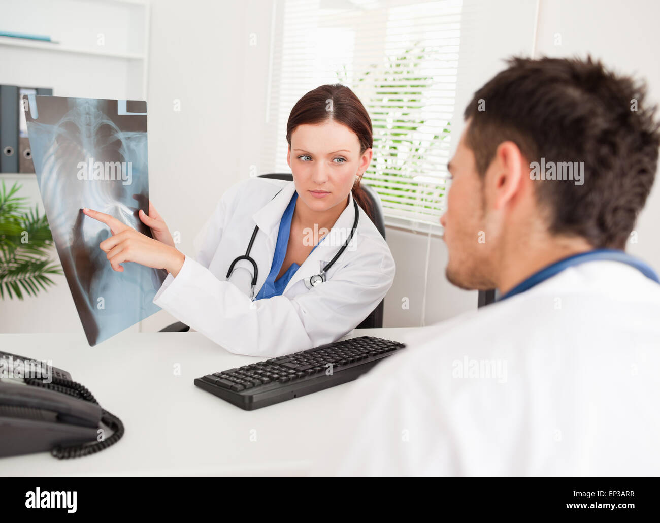 Female doctor showing other doctor x-ray Stock Photo - Alamy