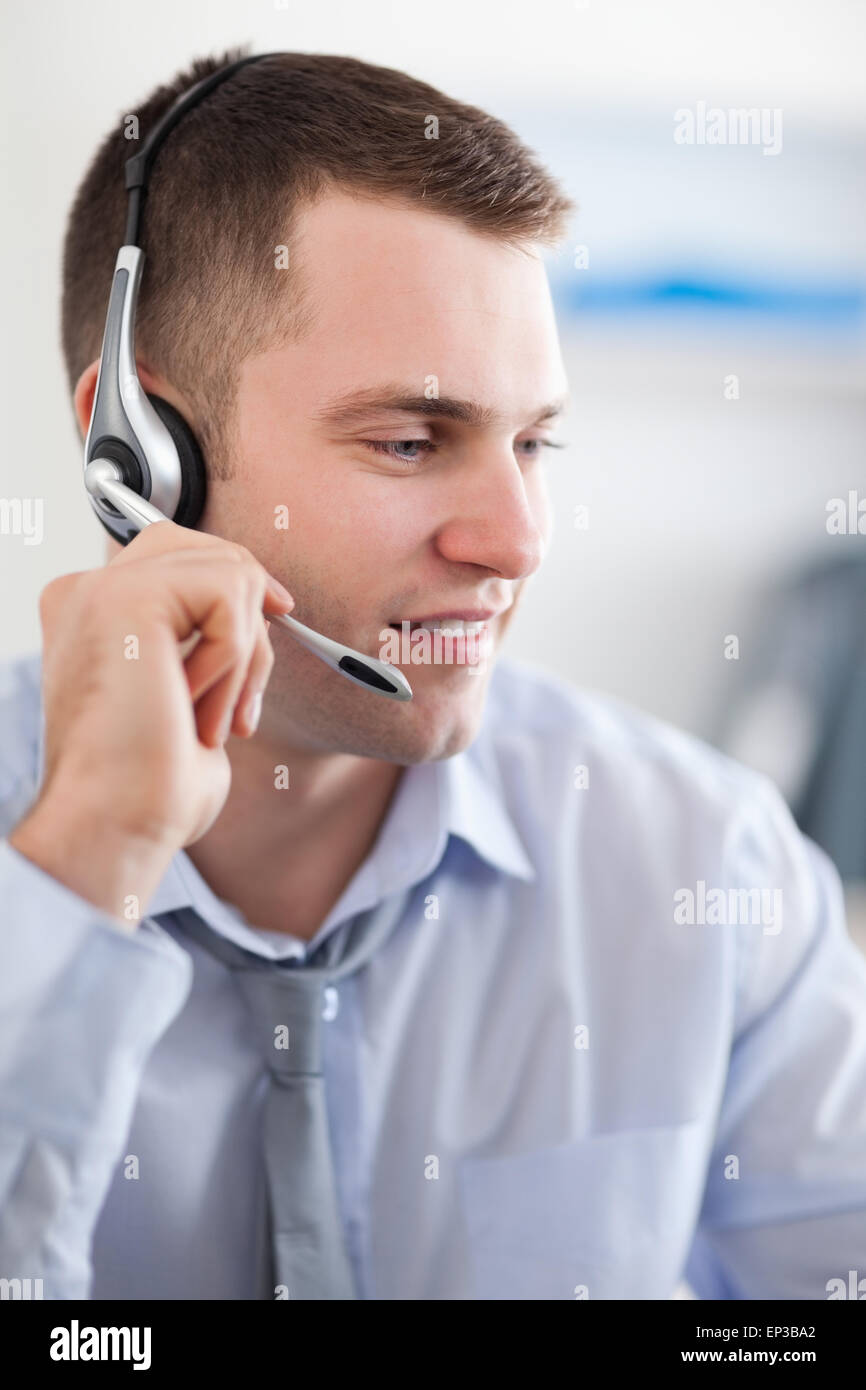 Close up of call center agent solving a costumers problem Stock Photo ...