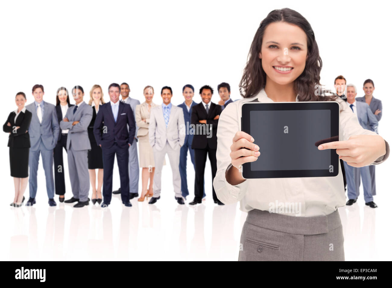 Woman showing a screen Stock Photo - Alamy