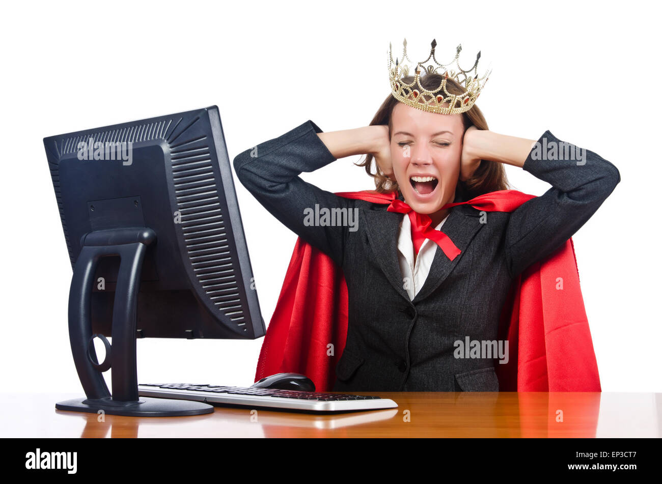 Superwoman worker with crown working in office Stock Photo - Alamy