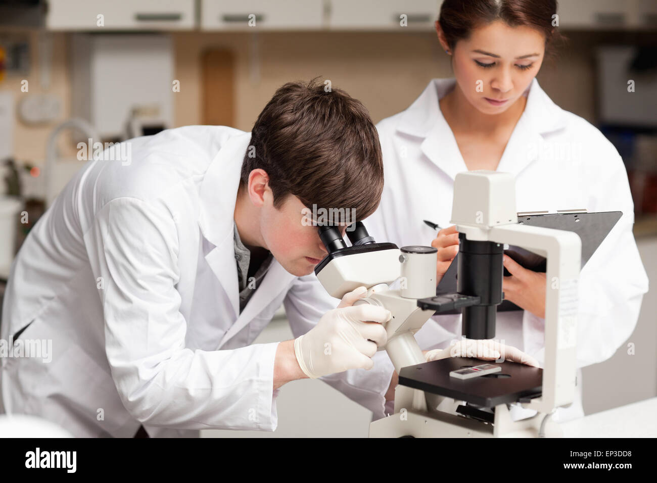 Scientist looking in a microscope while his colleague is taking Stock ...