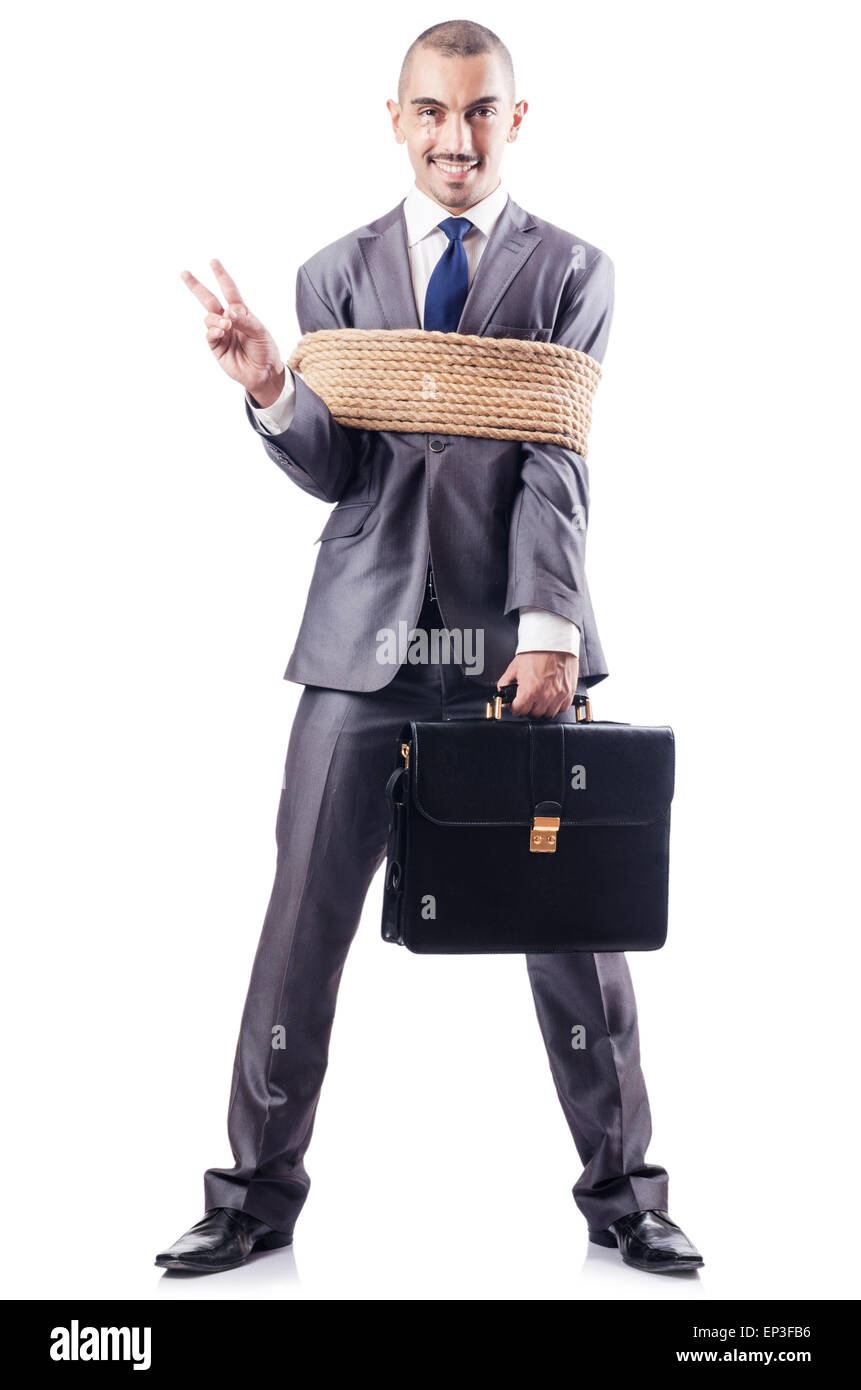 Man tied up with rope on white Stock Photo - Alamy