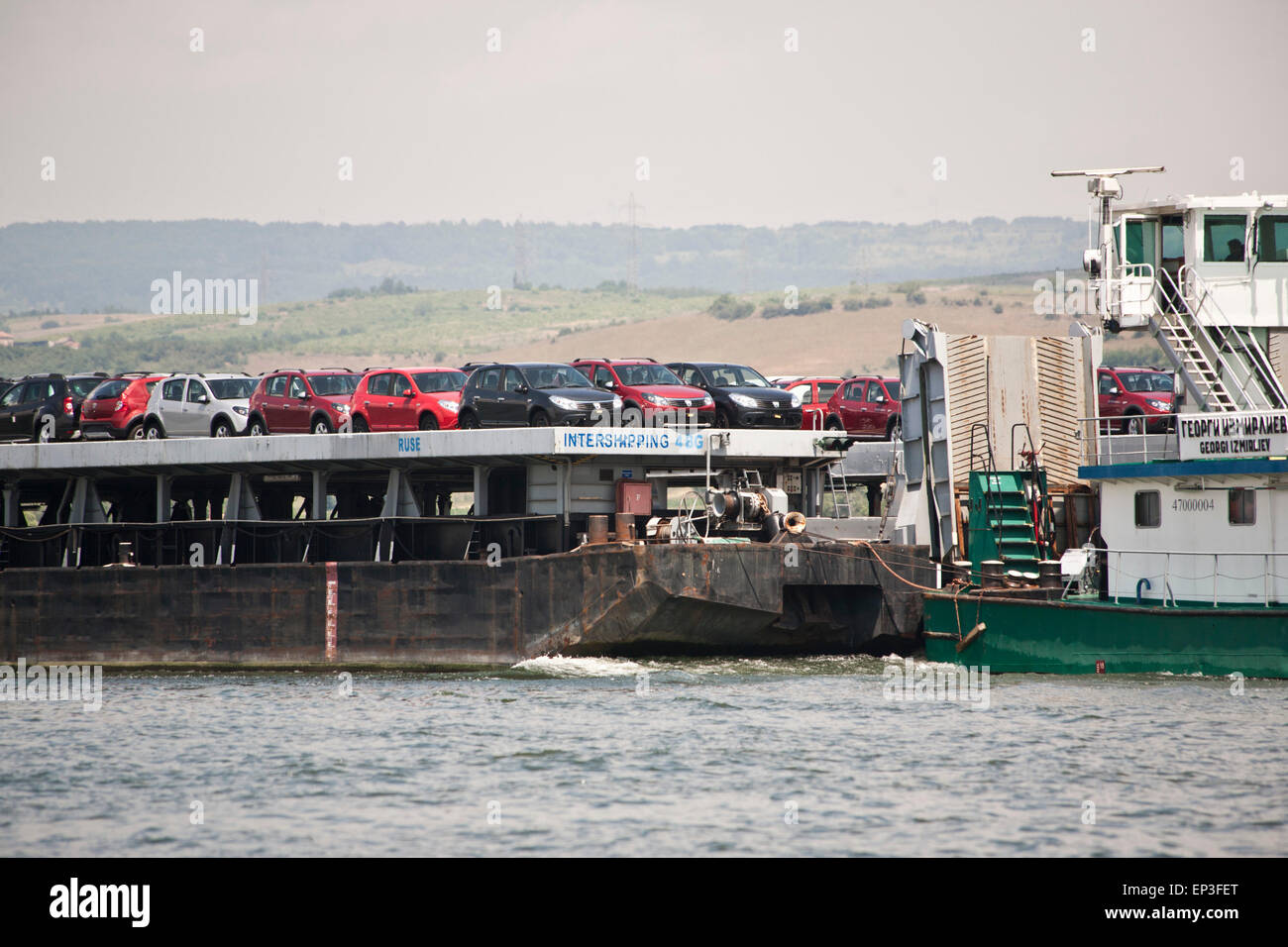 A barge loaded with new cars on the Danube in Bulgaria Stock Photo - Alamy