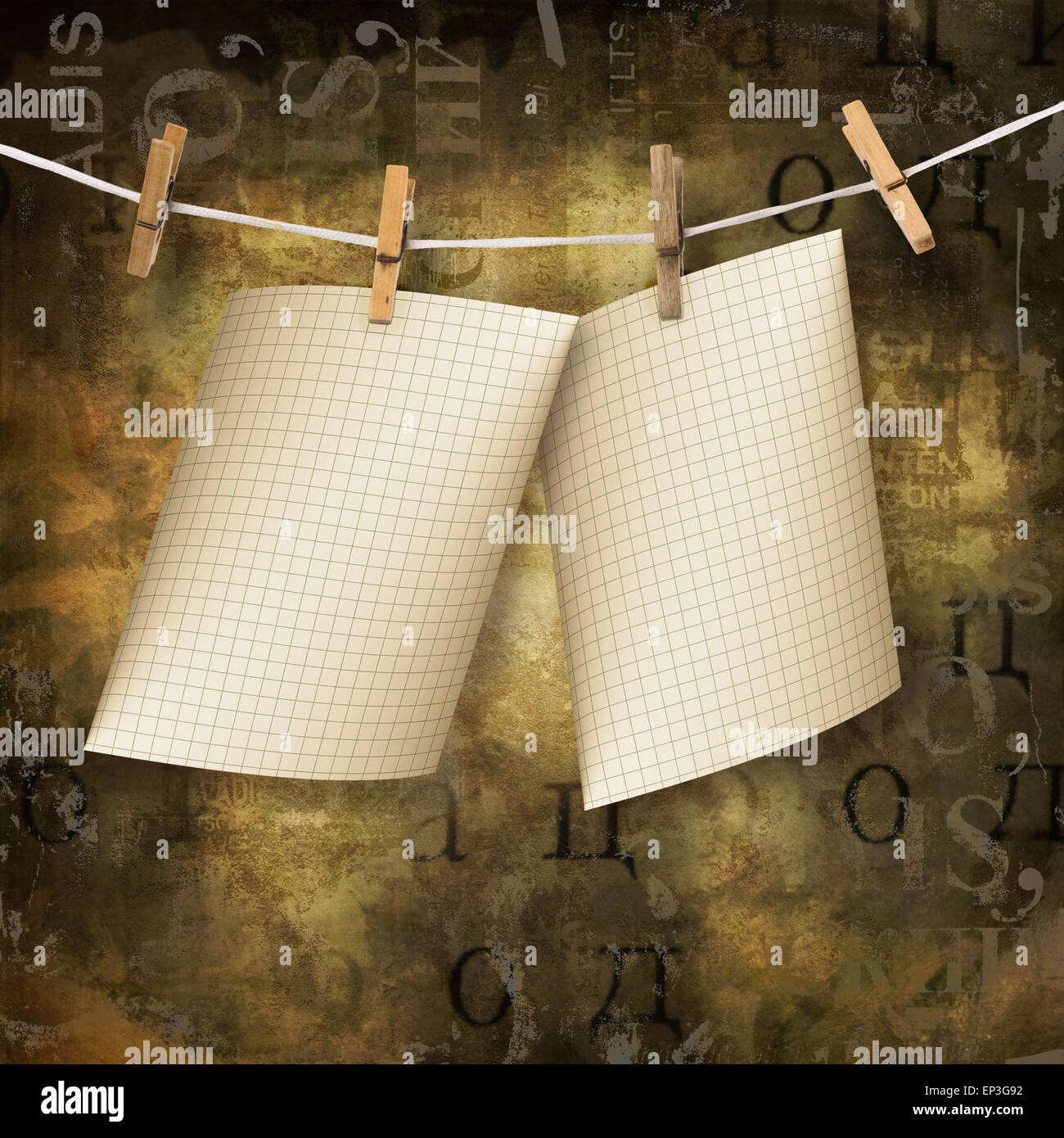 Old sheets hanging on a rope and clothespins on the brown abstract ...