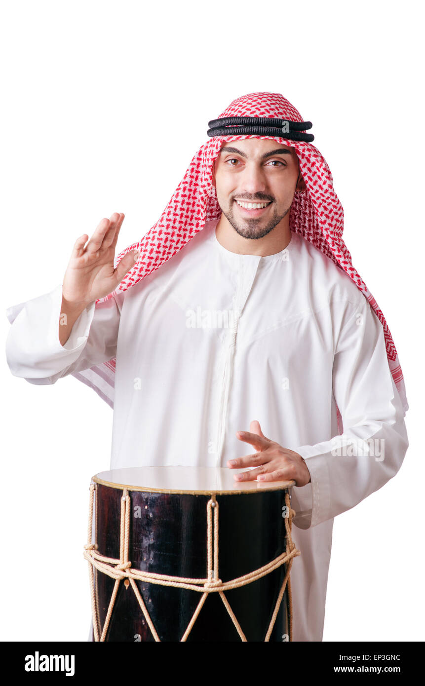 Arab man playing drum isolated on white Stock Photo - Alamy