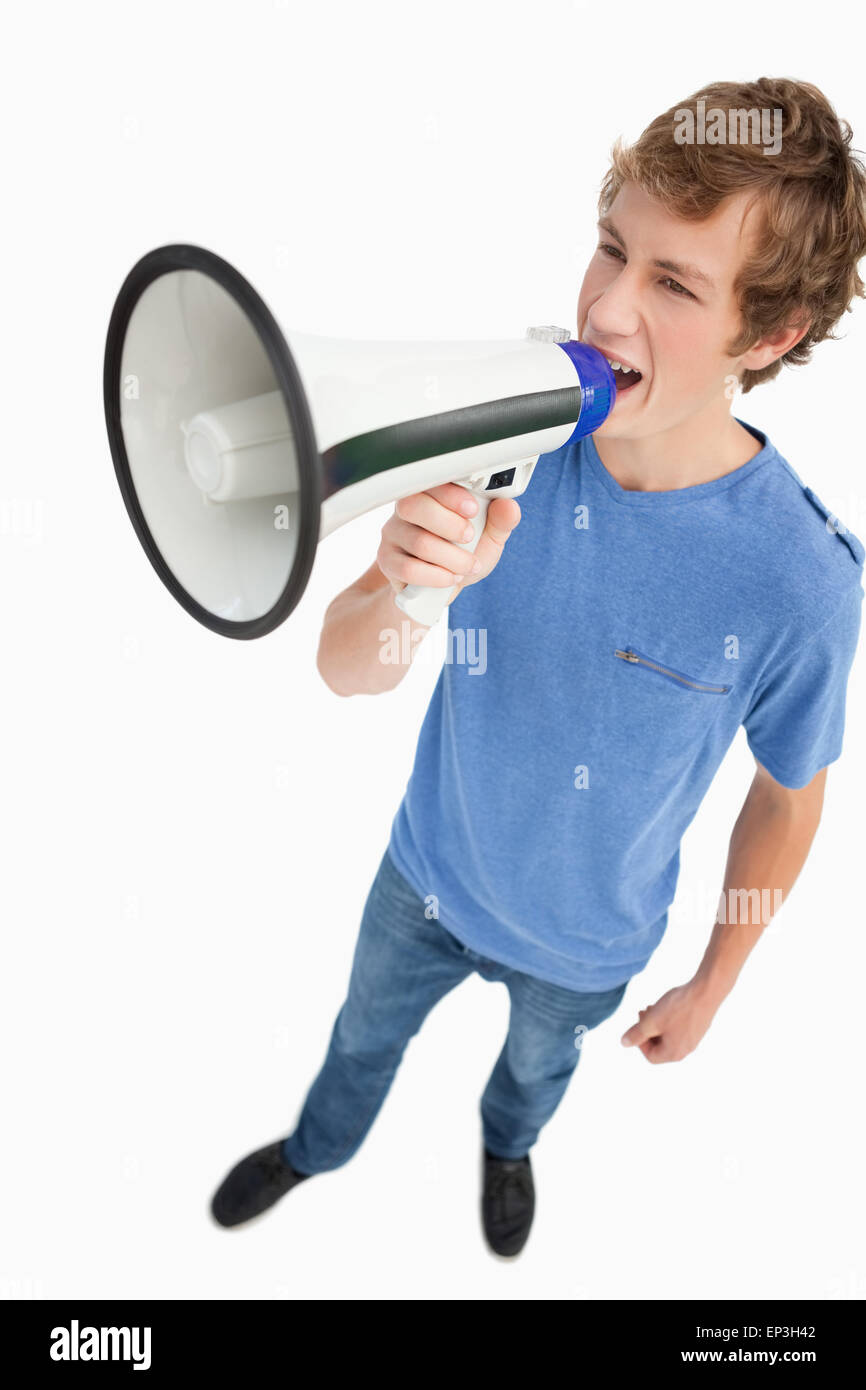 Fisheye view of a male student yelling in a loudspeaker Stock Photo - Alamy