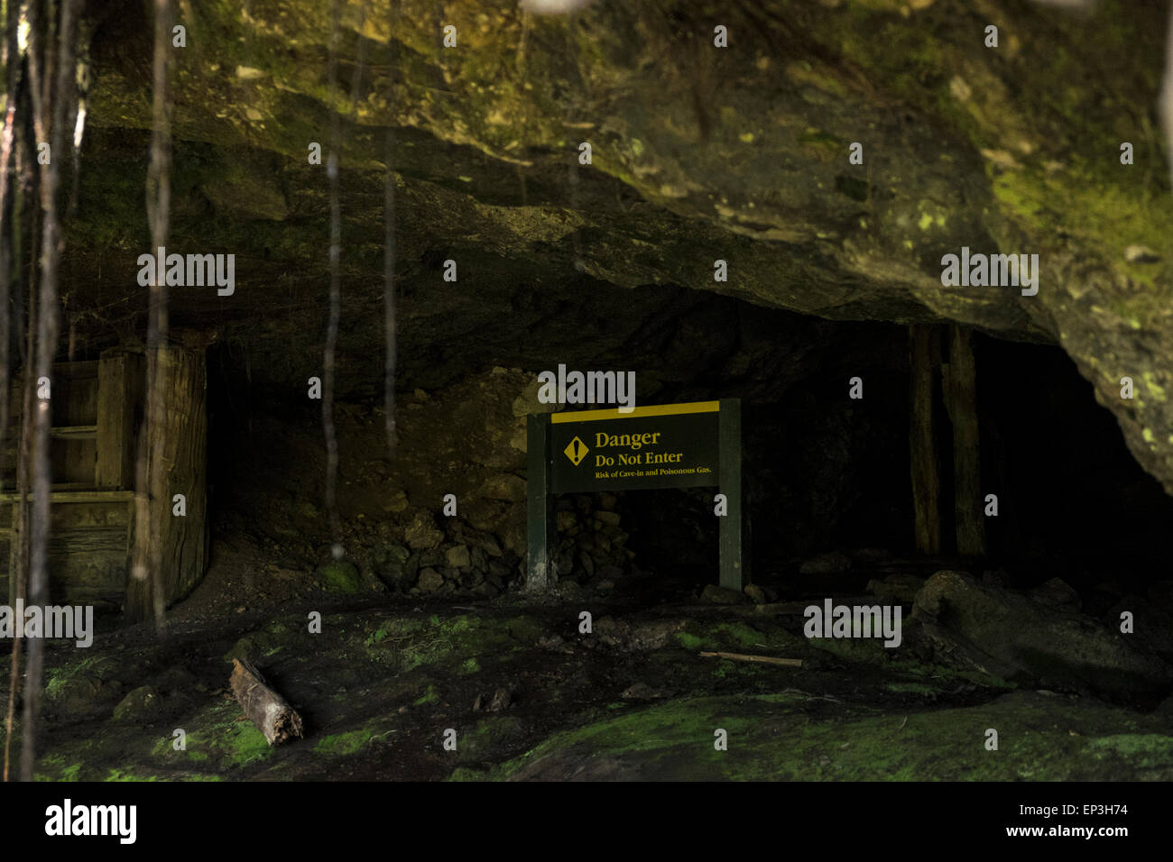 Warning sign at the entrance to an abandoned mine shaft in Lankeys ...