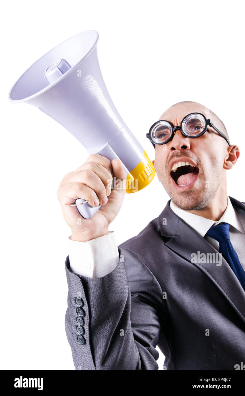 Funny man with loudspeaker on white Stock Photo - Alamy