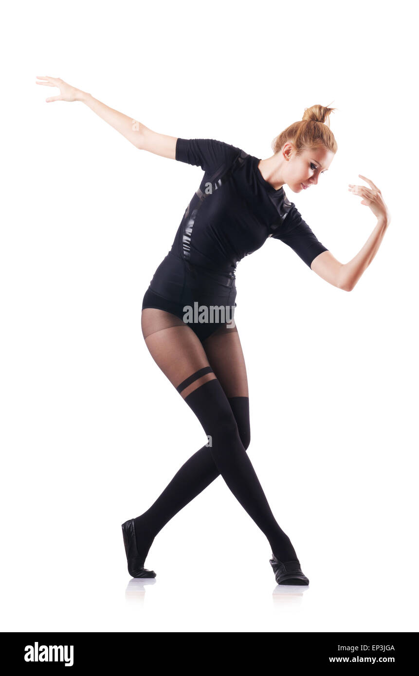 Young woman dancing on white background Stock Photo - Alamy