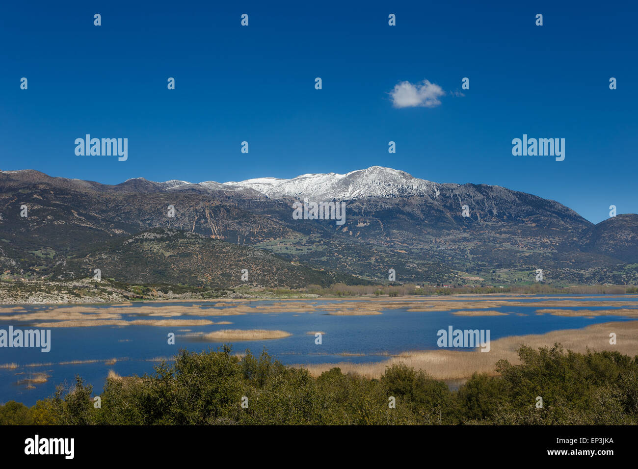 Stymfalia lake in Corinthia prefecture, Greece with the snowy mountains ...