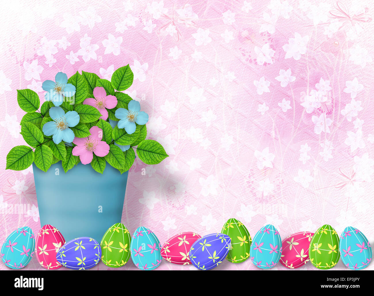Pastel background with multicolored eggs and bunch of flowers to ...