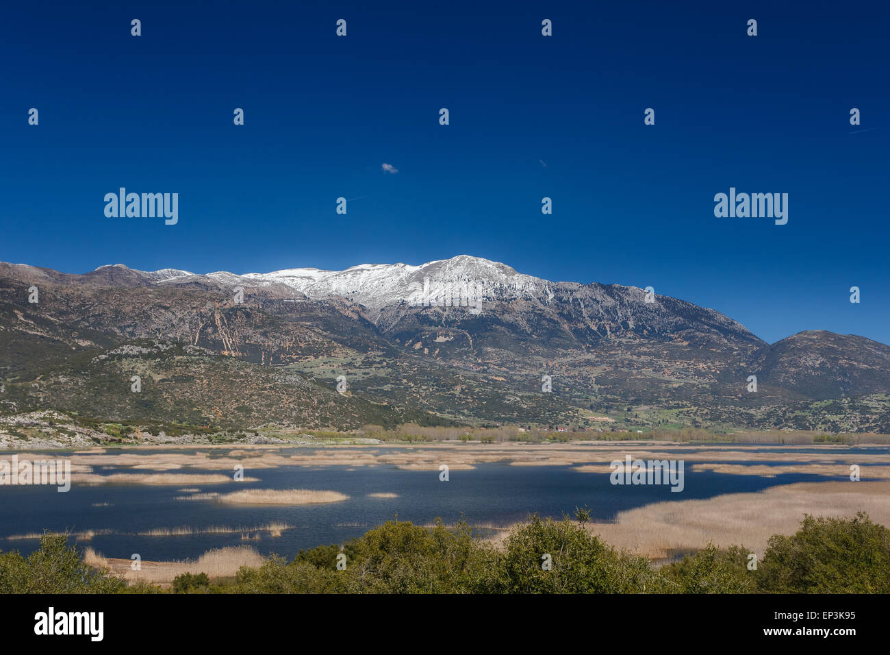 Stymfalia lake in Corinthia prefecture, Greece with the snowy mountains ...