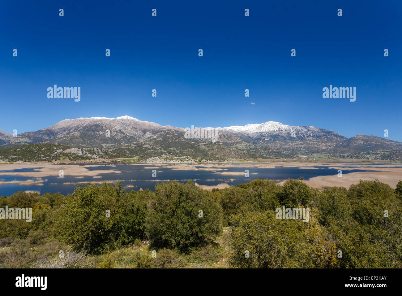 Stymfalia lake in Corinthia prefecture, Greece with the snowy mountains ...