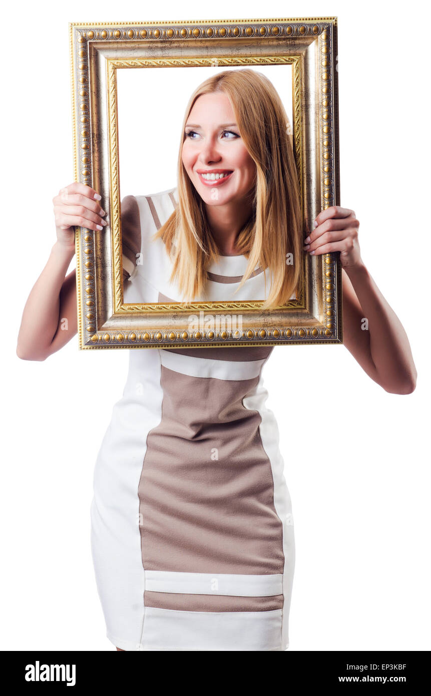 Woman with picture frame on white Stock Photo - Alamy