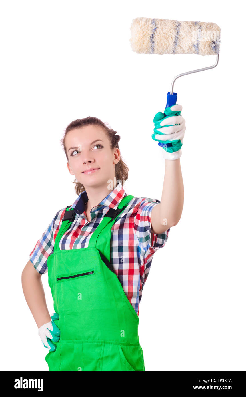 Woman painter with paintbrush on white Stock Photo - Alamy