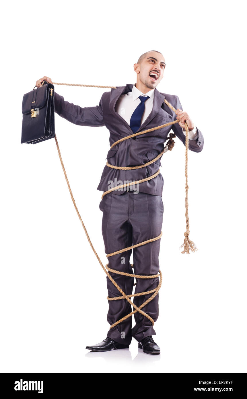 Man tied up with rope on white Stock Photo - Alamy