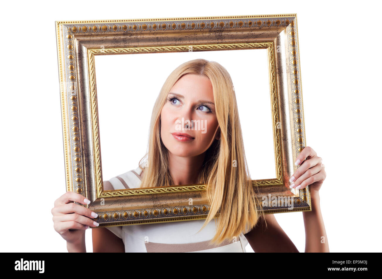 Woman with picture frame on white Stock Photo - Alamy