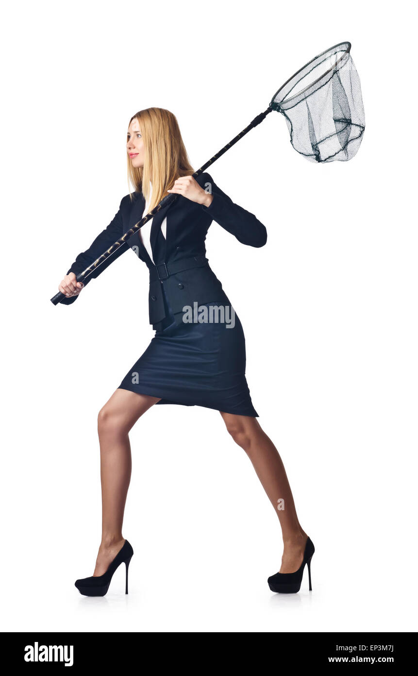 Woman with net isolated on white Stock Photo - Alamy