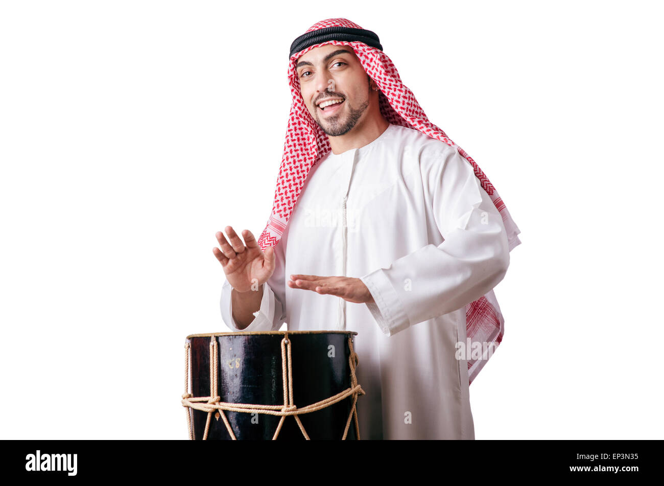 Arab man playing drum isolated on white Stock Photo - Alamy