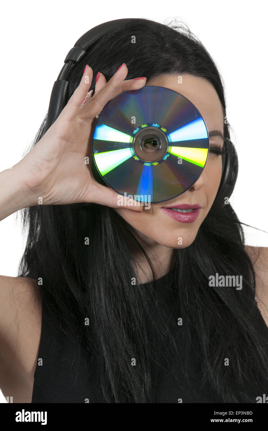 Woman holding CD or DVD Stock Photo - Alamy
