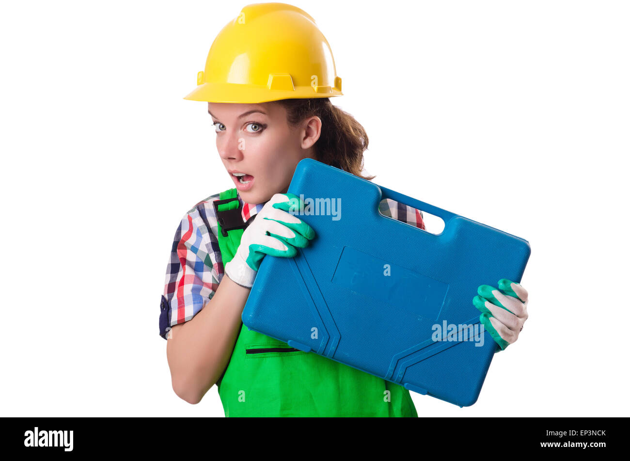 Young woman with toolkit on white Stock Photo - Alamy