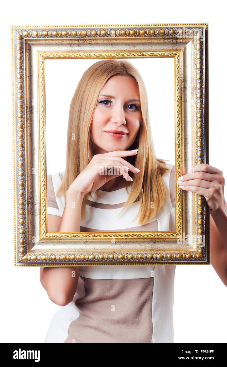 Woman with picture frame on white Stock Photo - Alamy